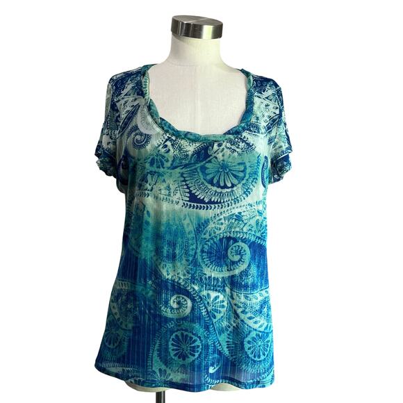 Axcess | Tops | Y2k Axcess Mesh Blue Green Floral Short Sleeve Blouse ...